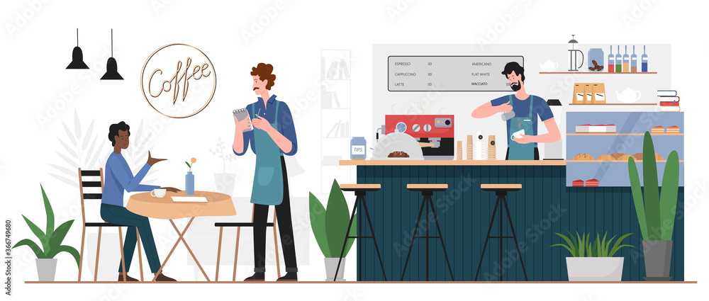 People in coffeehouse bar vector illustration. Cartoon flat man ...