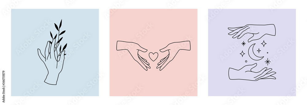 Vector set of female hand logos, icons in minimal linear style. Emblem ...