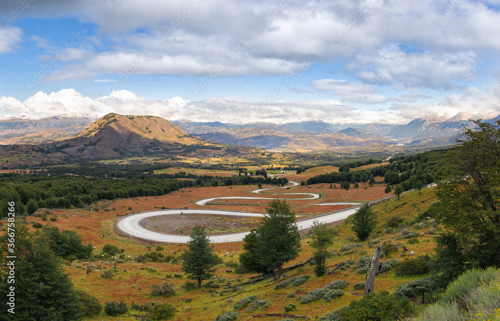 Curved road along the Carretera Austral. Rivers and forests in the ...