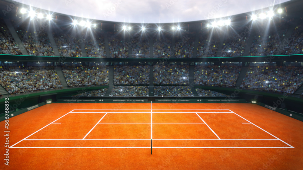 Orange clay tennis court and illuminated outdoor arena with fans, upper ...