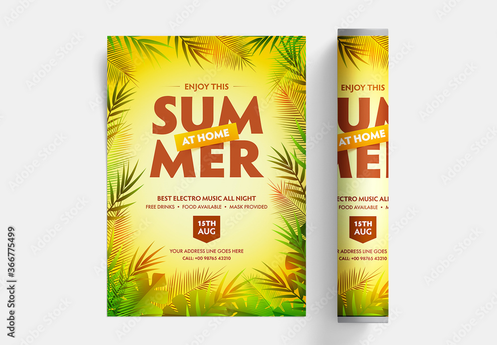 Summer Party Flyer Layout with Leaves on Yellow Background Stock ...