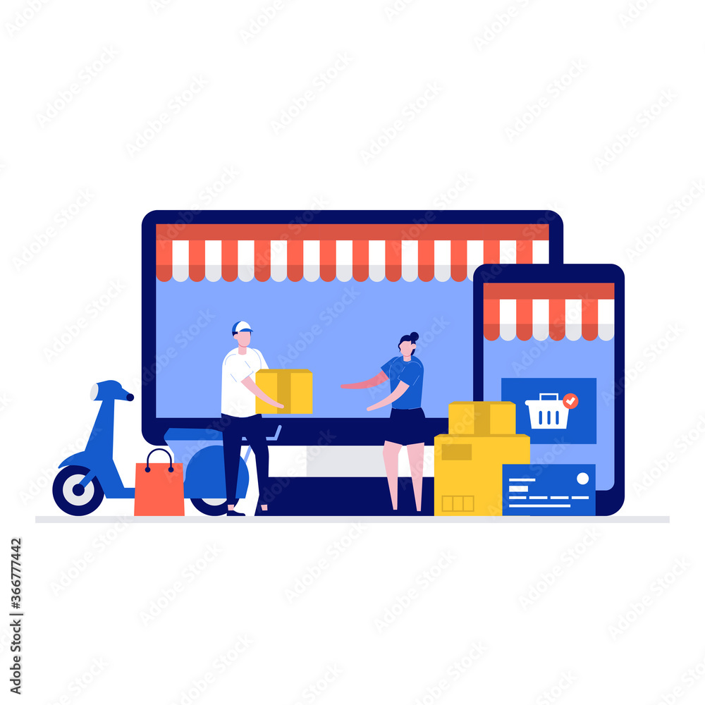 Delivery and shopping vector illustration concept with characters ...