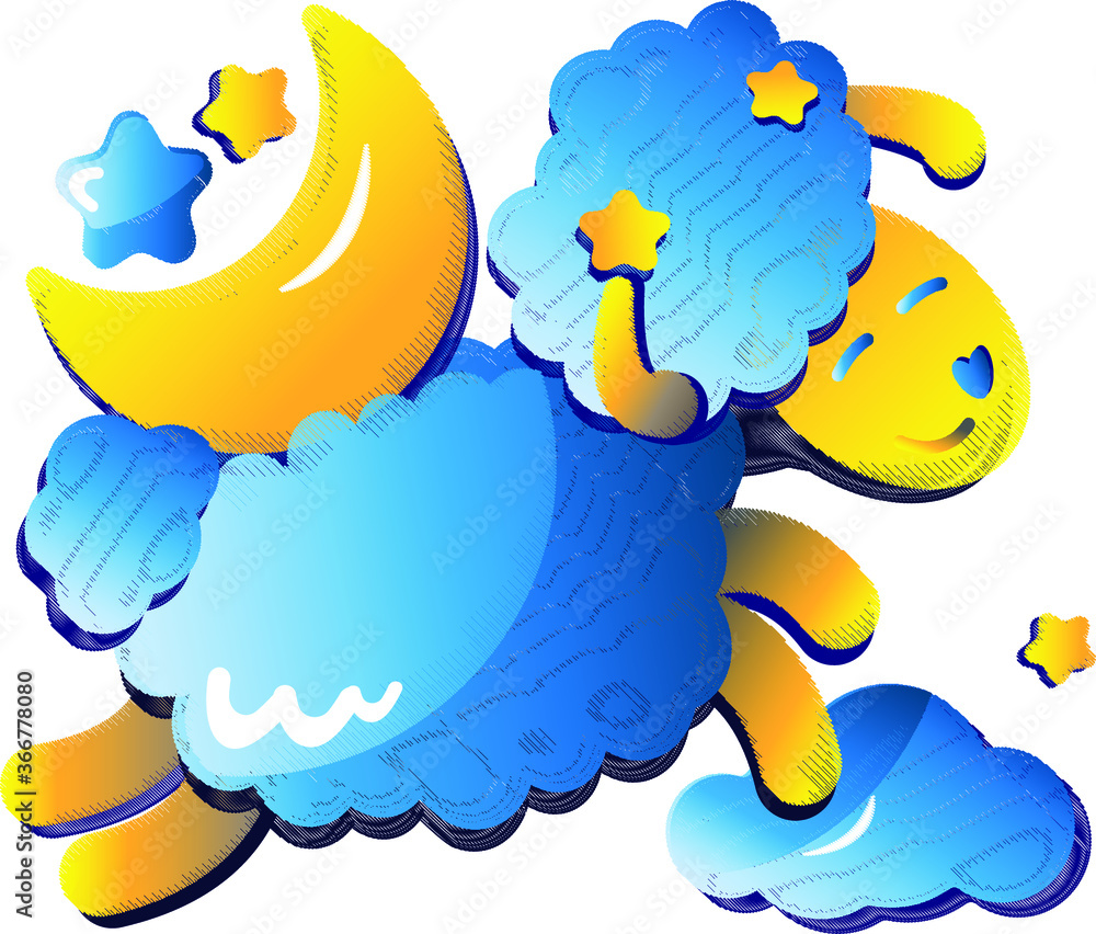 Blue sleepy baby sheep with moon and stars in clouds cute cartoon ...