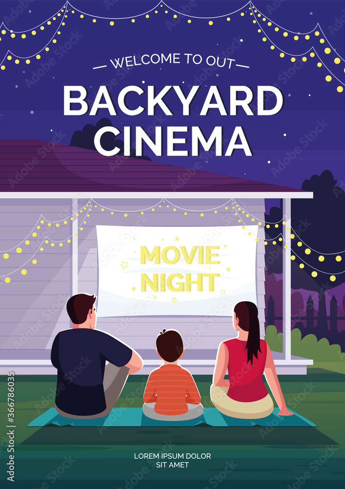 Backyard cinema poster template. Family watching film outside ...