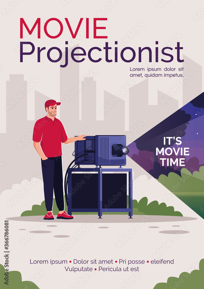 Movie projectionist poster template. Camera man for open air film ...