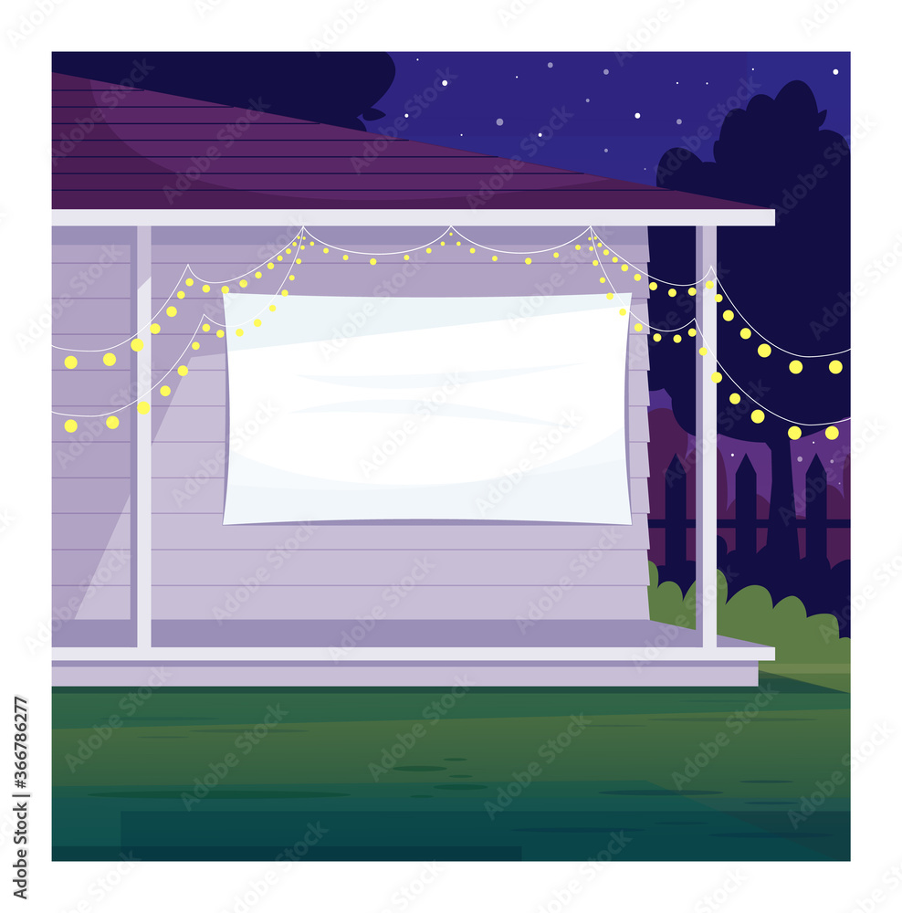 Backyard home cinema semi flat vector illustration. Projector screen ...