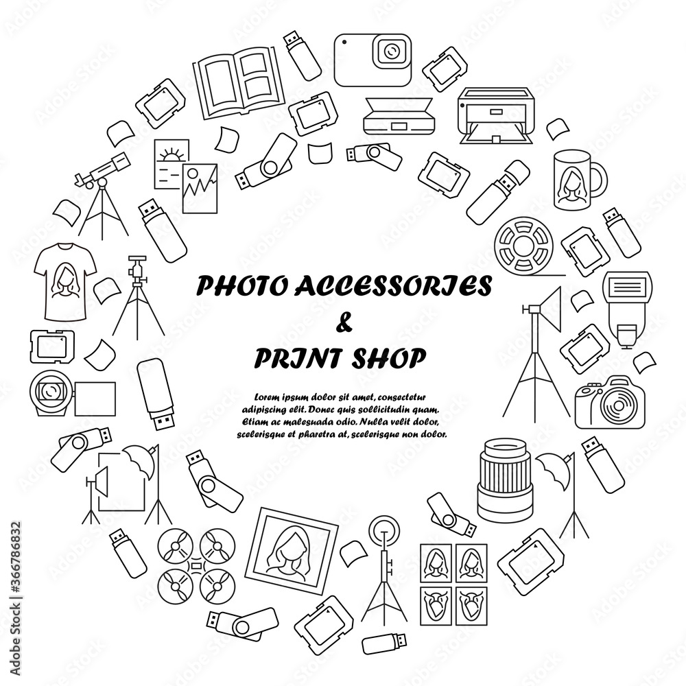 Photo accessories and equipment circle banner. Template for print shop ...