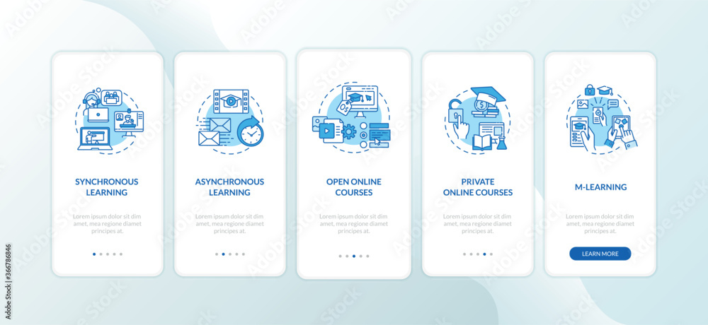 Distance learning types onboarding mobile app page screen with concepts ...