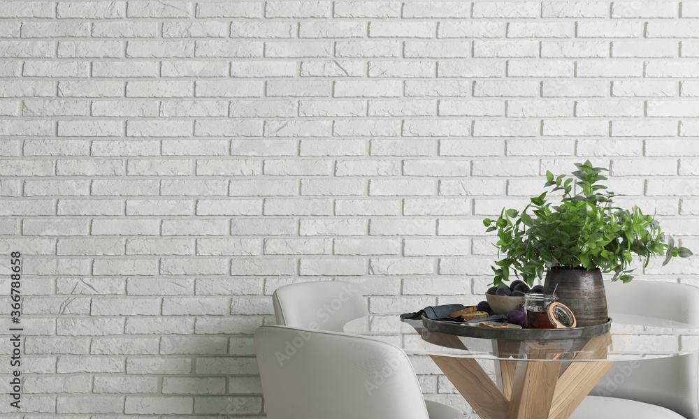 Dining Room Wood Table White chairs with White Brick Wall, brackground ...