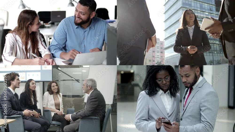 Collage of employees brainstorming, meeting and talking. Experienced ...