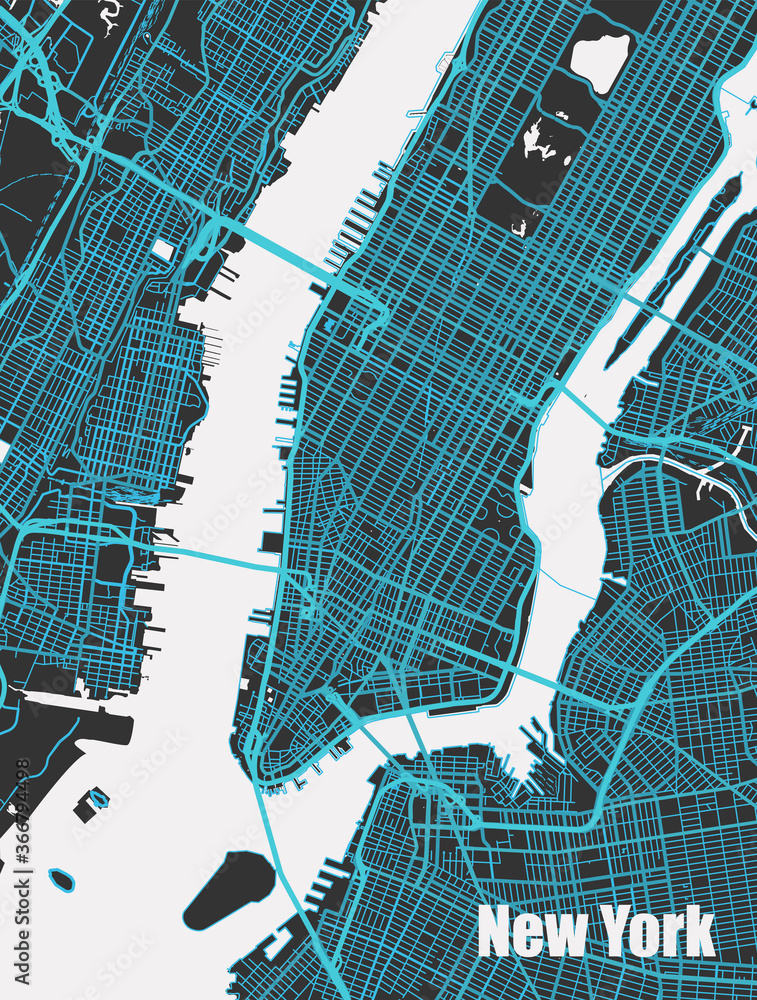 Stylish vector high-tech map of New York. with blue streets Stock ...