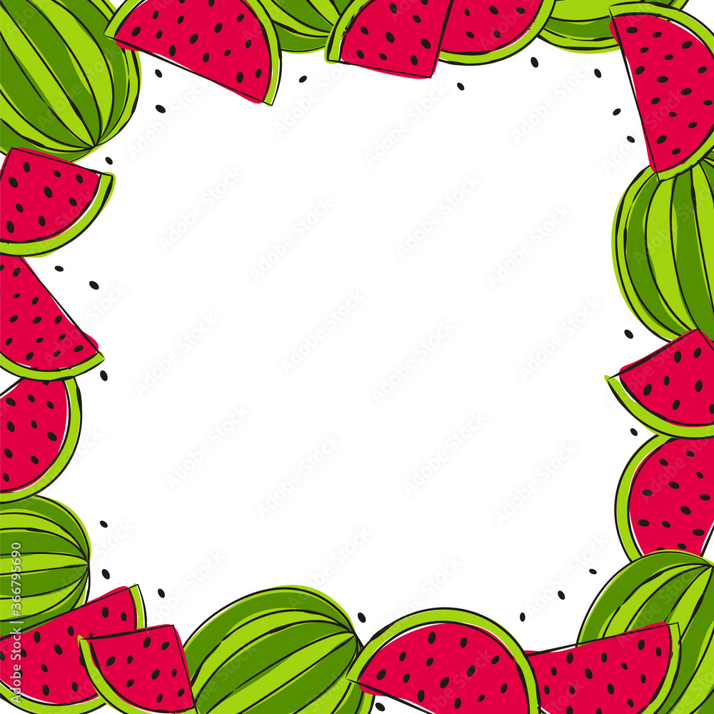 Watermelon square frame for card or banner. Bright summer template with ...