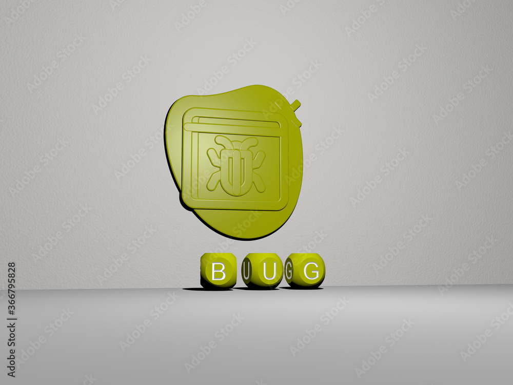 3D illustration of bug graphics and text made by metallic dice letters ...