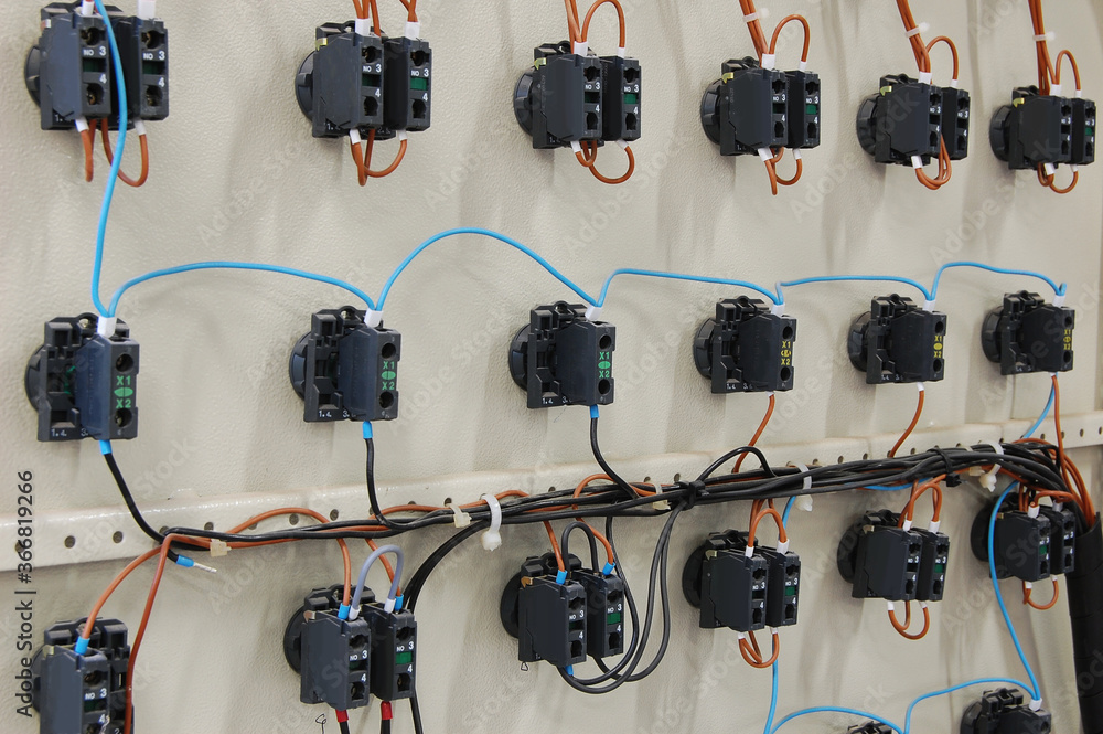 Foto de Electrical equipment. Automatic circuit breakers in a row ...