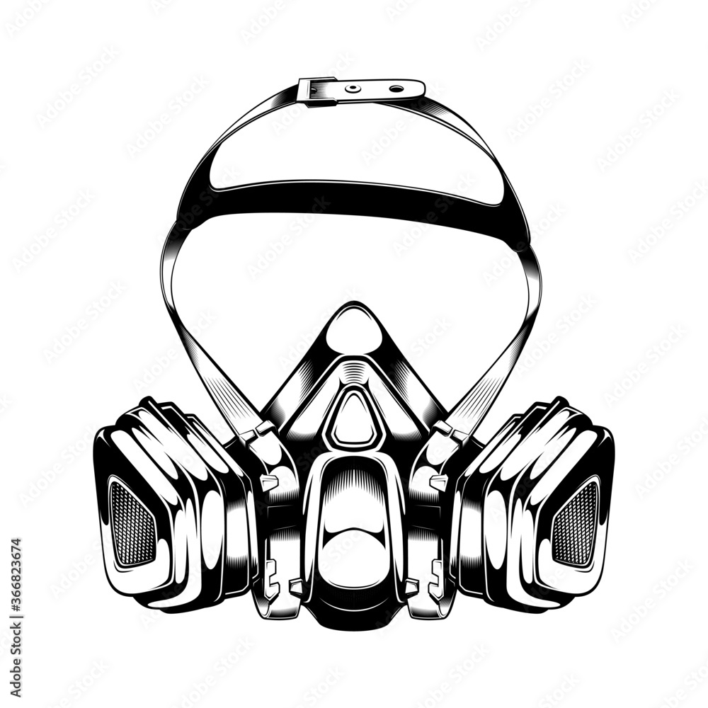 Vintage monochrome highly detailed respirator illustration. Isolated ...