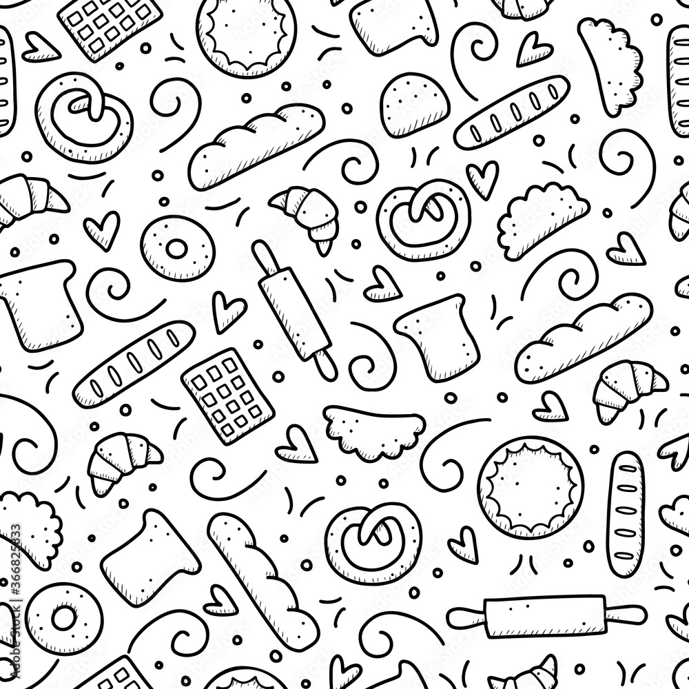 Hand drawn seamless pattern of bakery elements, bread, pastry ...