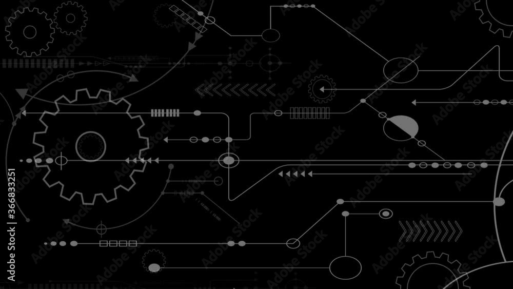 Engine gears wheels rotating animation on blueprint background. Working ...