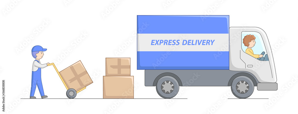 Concept Of Professional Express Delivery Service. Man Worker Loading ...