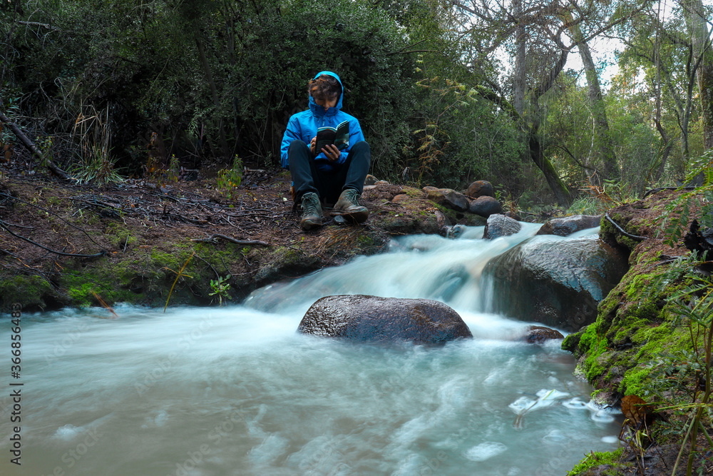 foto de larga exposición de un pequeño arrollo con rocas y un tronco en ...