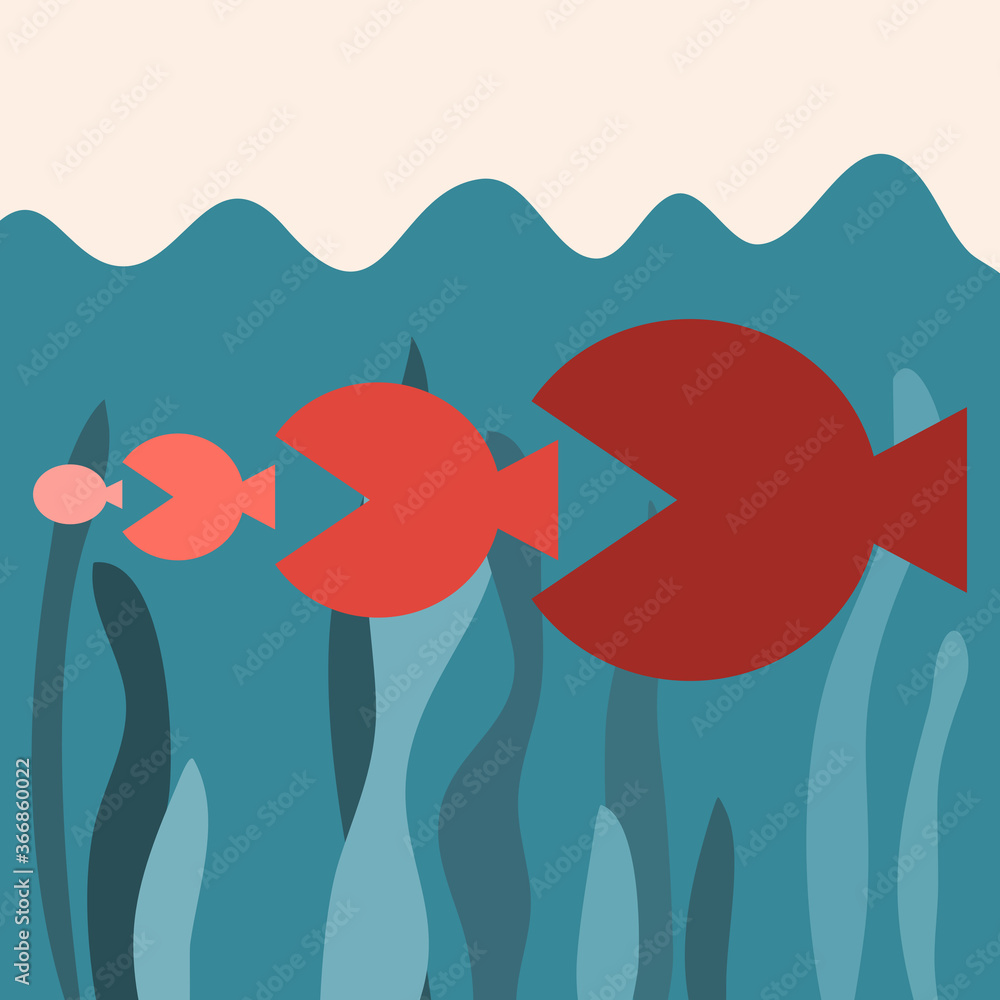 Poster The big fish eat small fish, food chain illustration vector ...