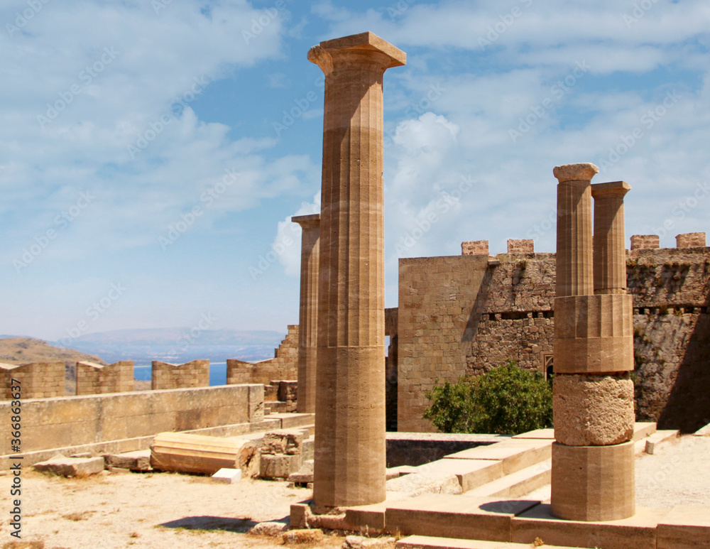Acropolis of Lindos, the ruins of an ancient temple and the remains of ...
