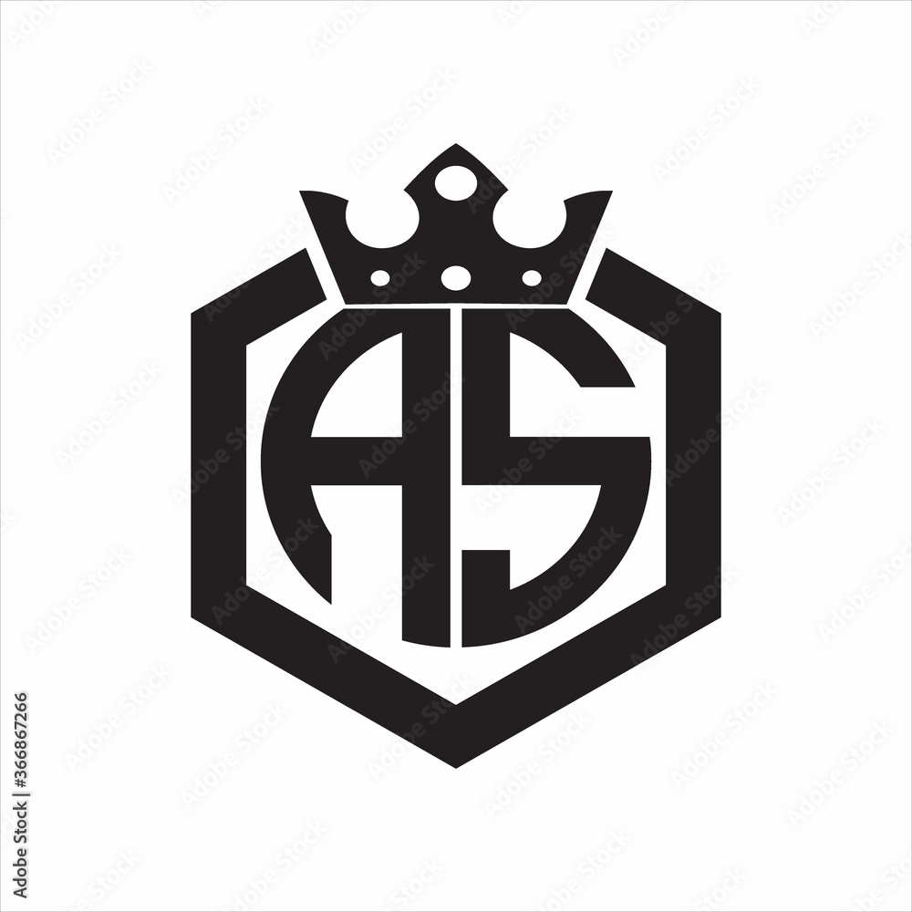 AS Logo monogram rounded by hexagon shape with crown design template on ...