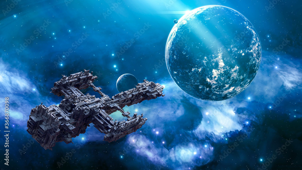 Ilustracja Stock: Realistic 3D illustration. Big futuristic alien spaceship traveling in the ...