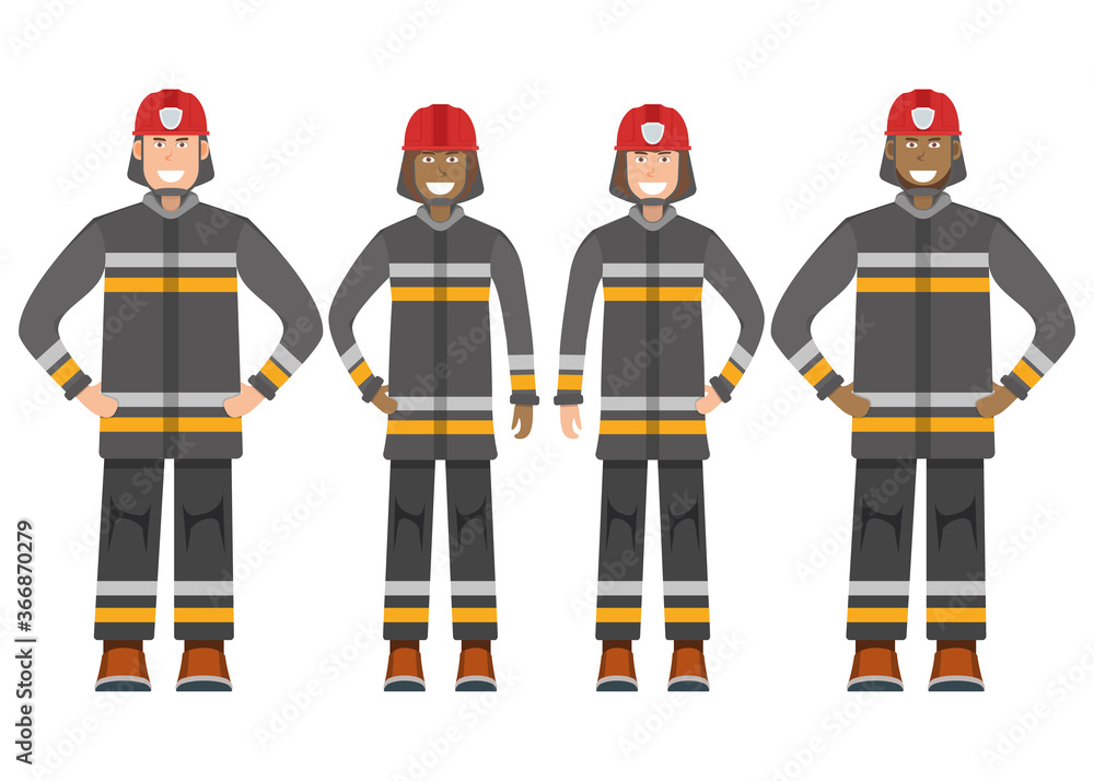 Character fireman standing isolated on white, flat vector illustration ...