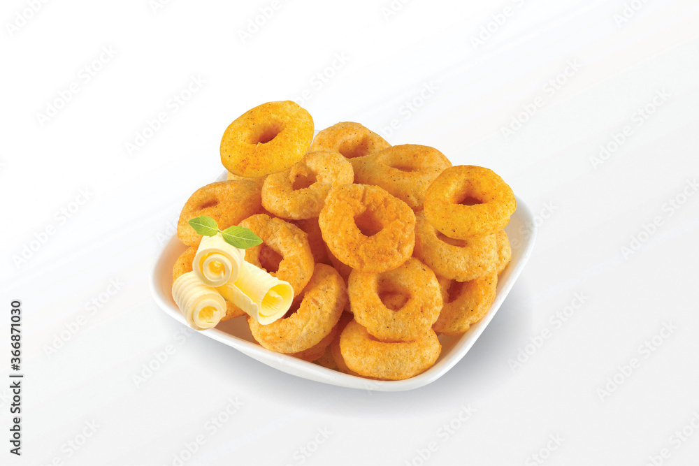 Pile of crispy Corn ring, Cream & Onion snack (Fryums - Frymus) in ...