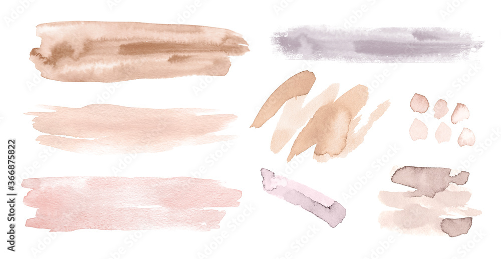 Set of watercolor brush stroke and stain in neutral color. Hand drawn ...