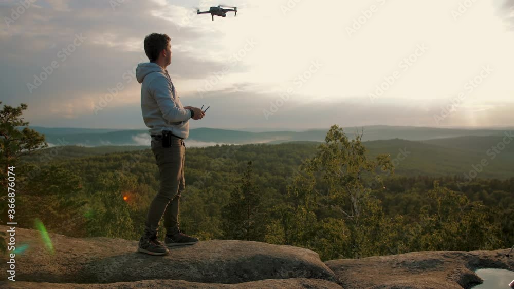 Pilot launch drone from hand in sky, aircraft take off and fly up Stock ...