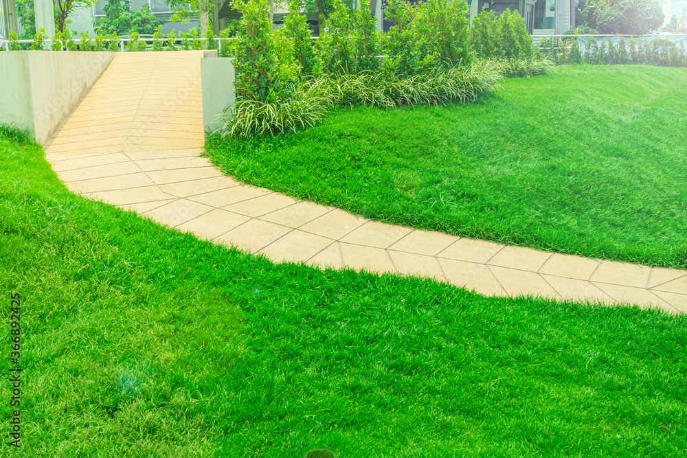 Wheelchair access ramp was built in a park with a bright green lawn ...