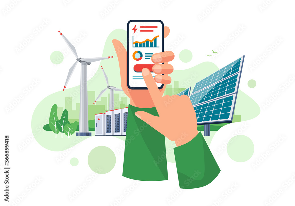 Hands holding mobile cell phone with electricity energy usage ...