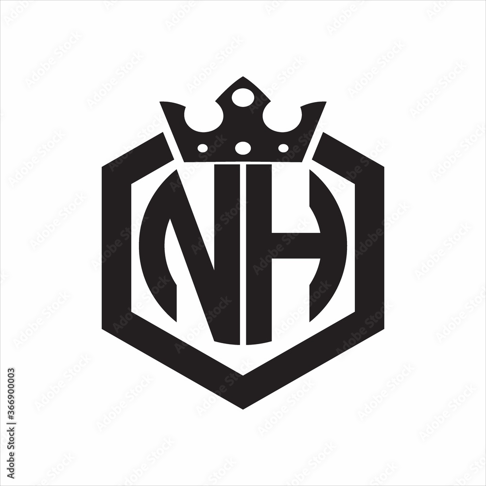 NH Logo monogram rounded by hexagon shape with crown design template on ...