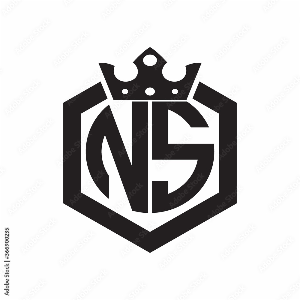 NS Logo monogram rounded by hexagon shape with crown design template on ...