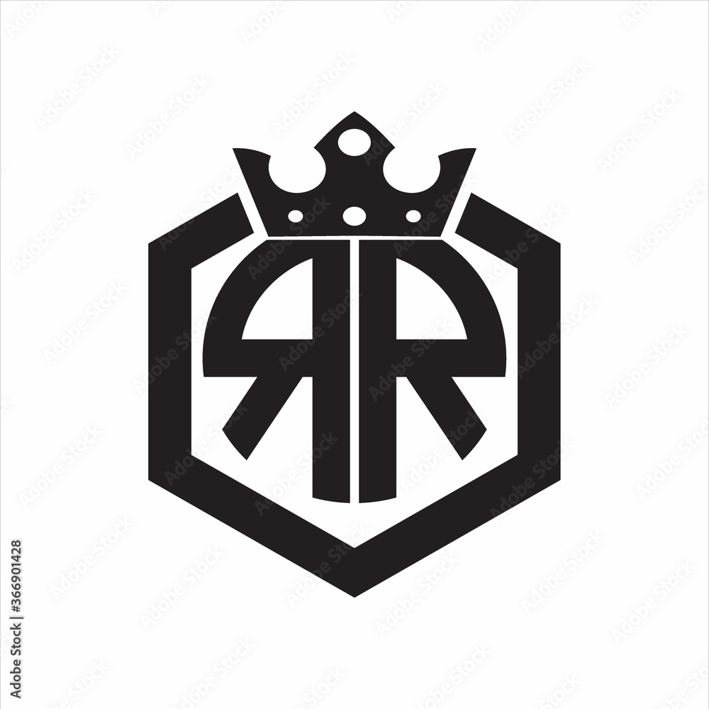 RR Logo monogram rounded by hexagon shape with crown design template on ...