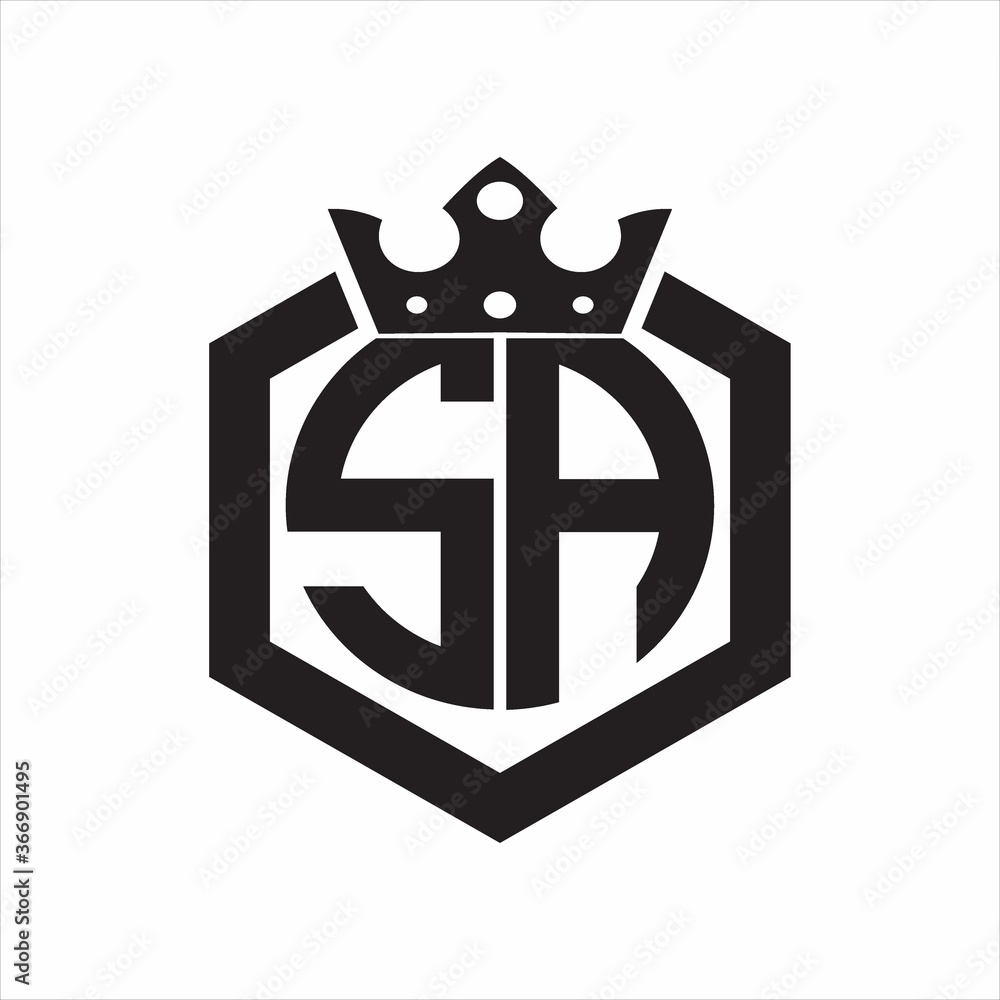 SA Logo monogram rounded by hexagon shape with crown design template on ...