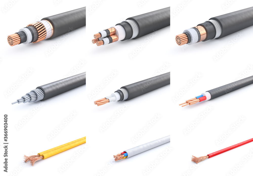 Set of different cable structure. Piece of cable on a white background ...