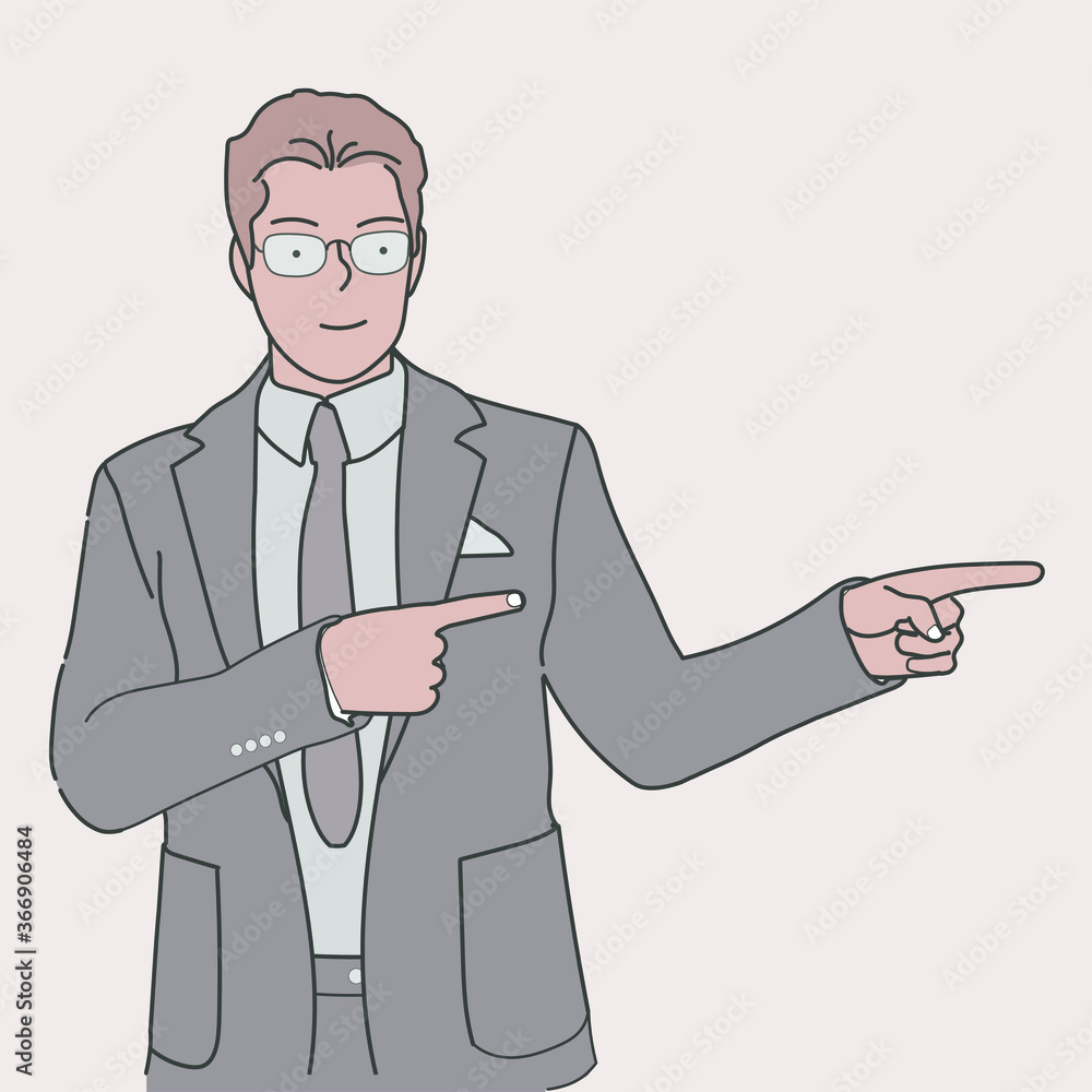 Cartoon businessman - a man in a jacket shows the direction to another ...