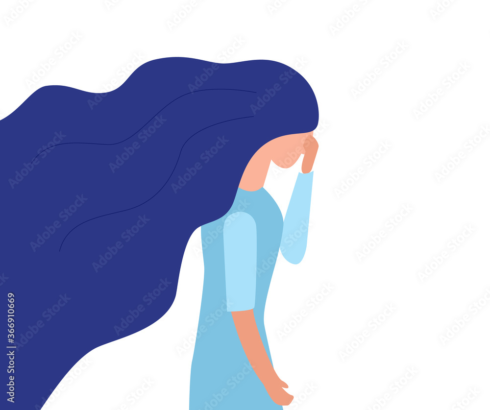 Side view young woman looking away standing. Frustrated confused sad ...