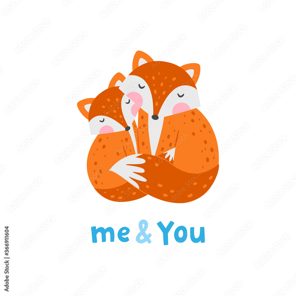 Mother and baby fox vector illustration. Two foxes and lettering ...