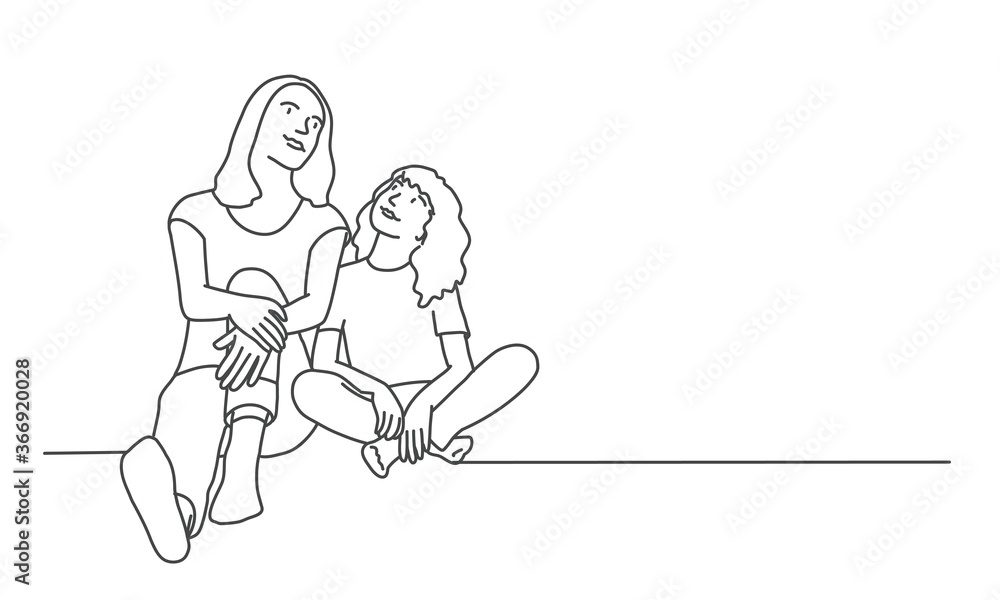 Mother and daughter sit on the floor and look up. Line drawing vector ...