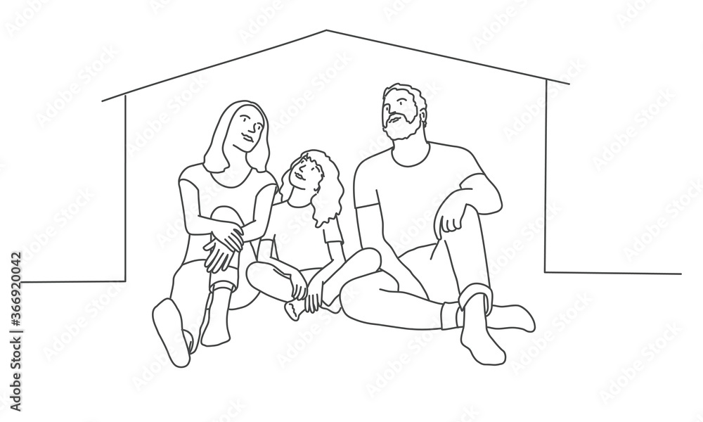 Happy family at home. Line drawing vector illustration. Stock Vector ...