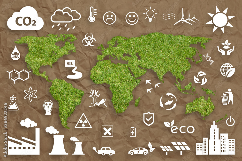 Green grass World Map on crumpled paper backdrop with ecology icons ...
