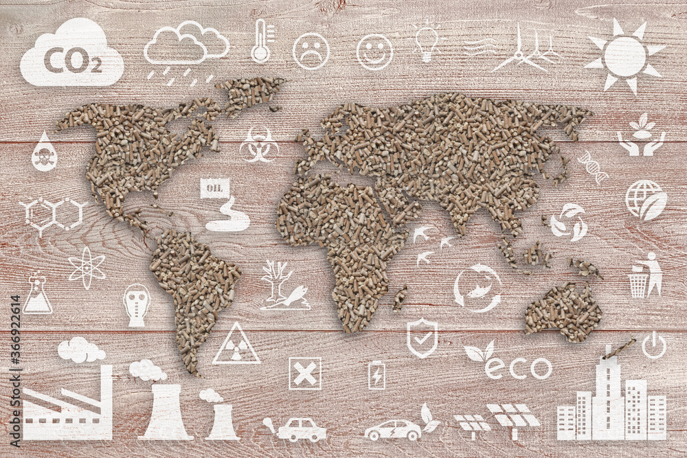 Wood pellets World Map on wood planks backdrop with ecology icons ...