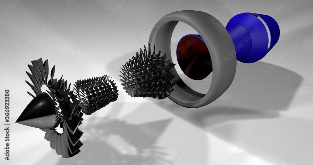 Model of a turbojet engine with contours on a white background.Textura ...