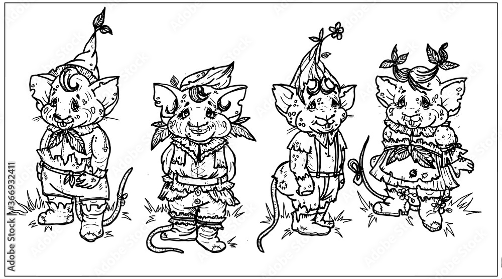 Magic cartoon characters, four cute fairytale little mice in different ...