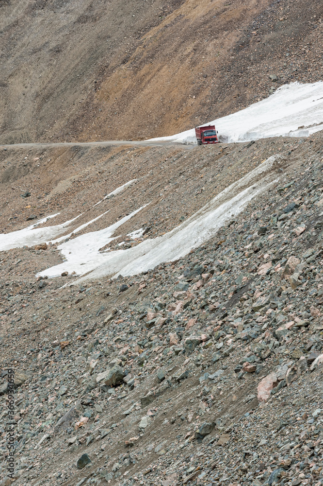 Truck passing Chong Ashuu pass at 3800 meters above sea level, Issyk ...