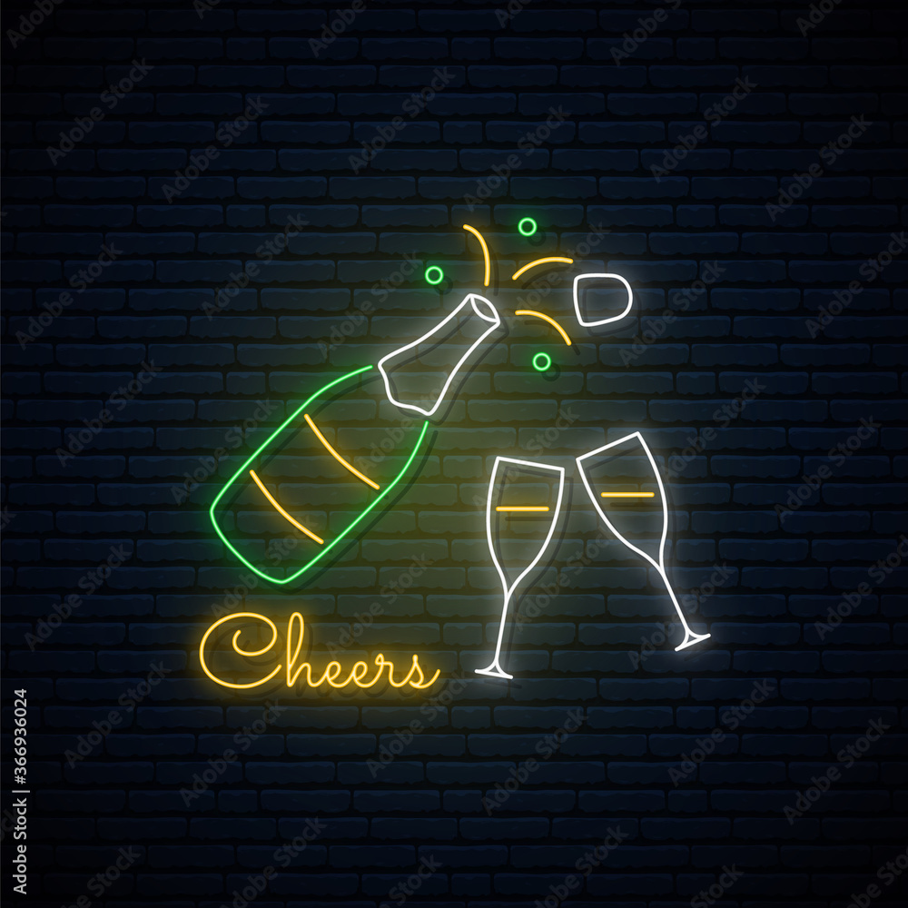 Champagne neon sign. Glowing champagne explosion and two goblets ...
