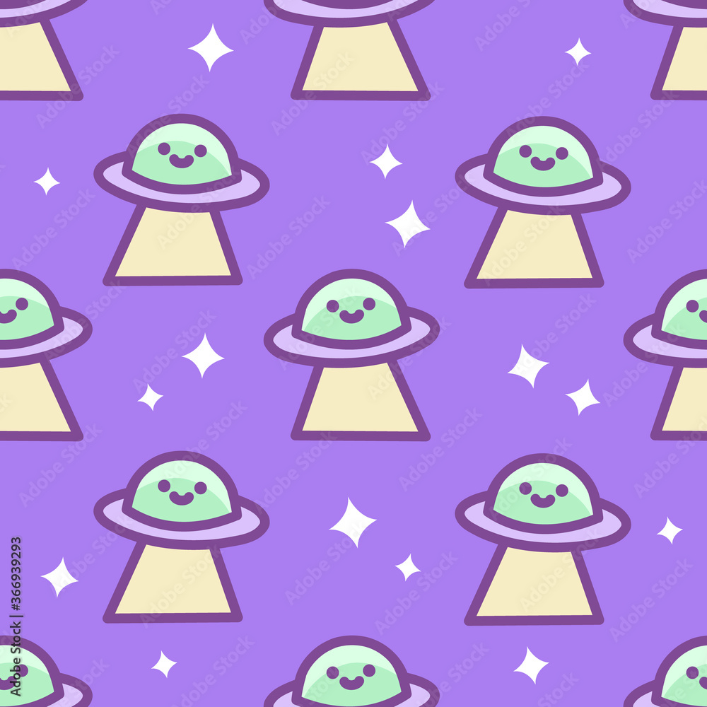 Paranormal seamless cute kawaii vector pattern with alien and ufo ...